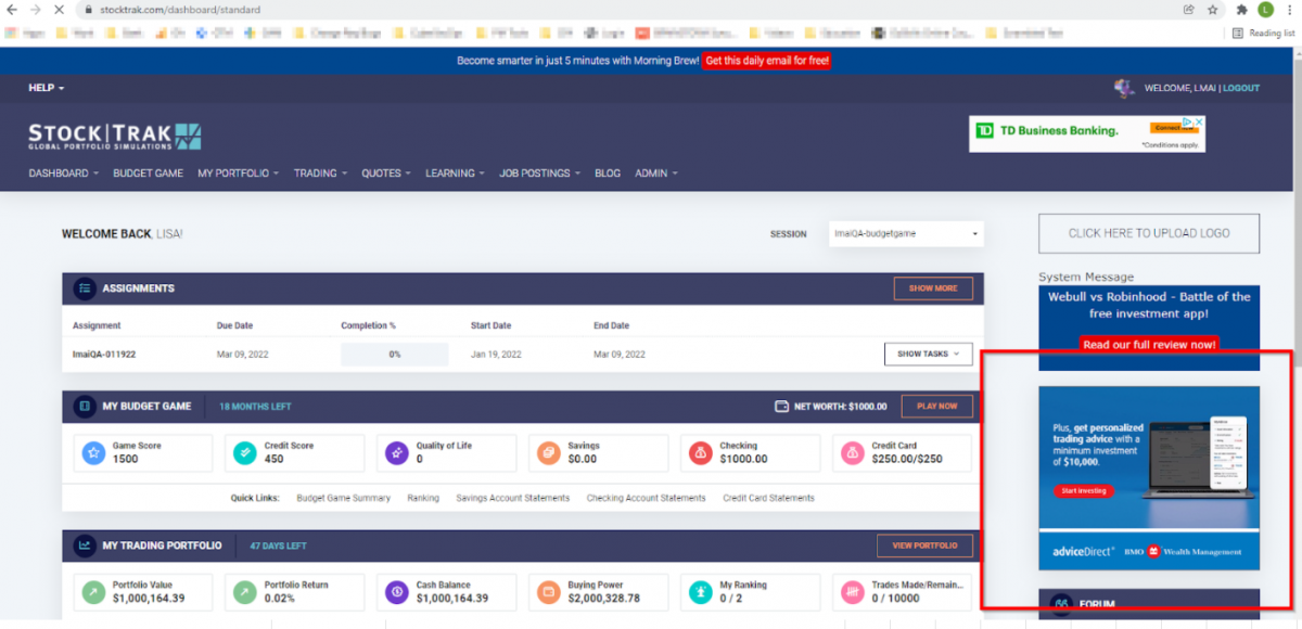 StudentDashboard – Stocktrak Learn